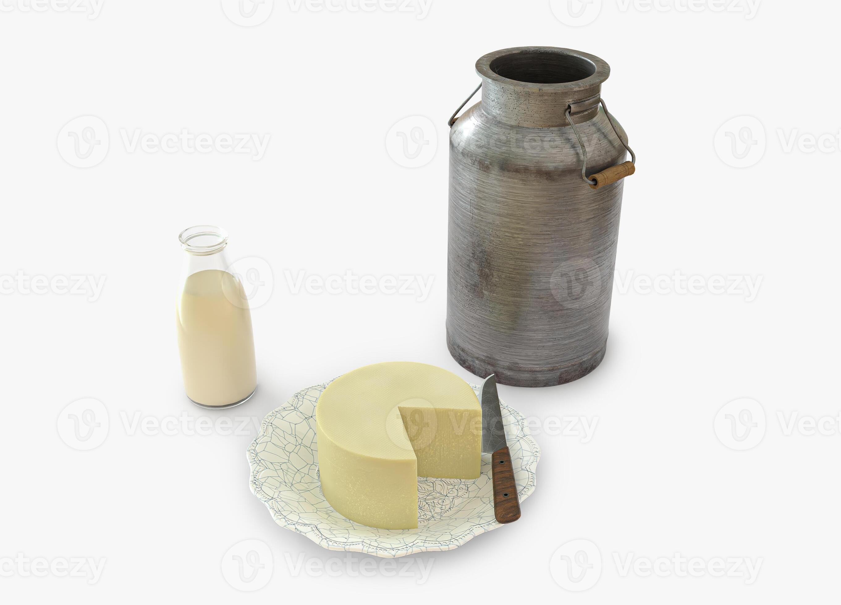 scene of supported milk items, with iron milk jug, plate with minas cheese, glass of milk and a ...