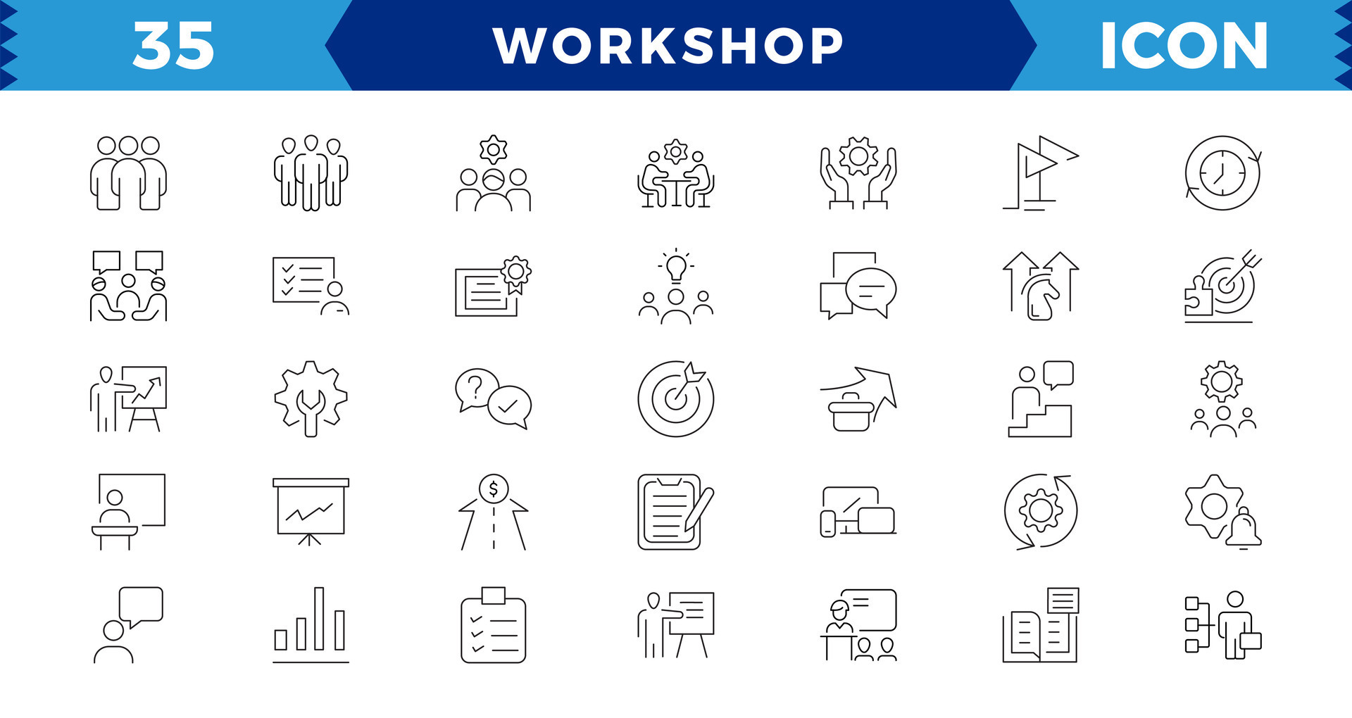 Workshop web icon set. Containing team building, collaboration, teamwork, coaching, goals ...