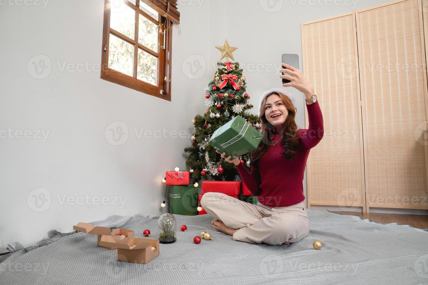 Holiday Selfie At Christmas Tree Happy Young Girl Taking Selfie On