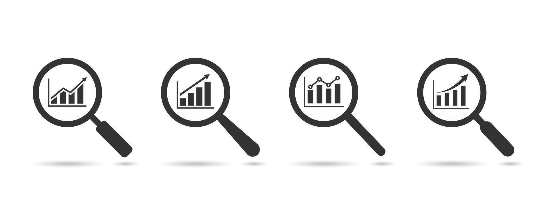 Search graph icon flat. Analytic icon. Magnifying glass with bar chart ...