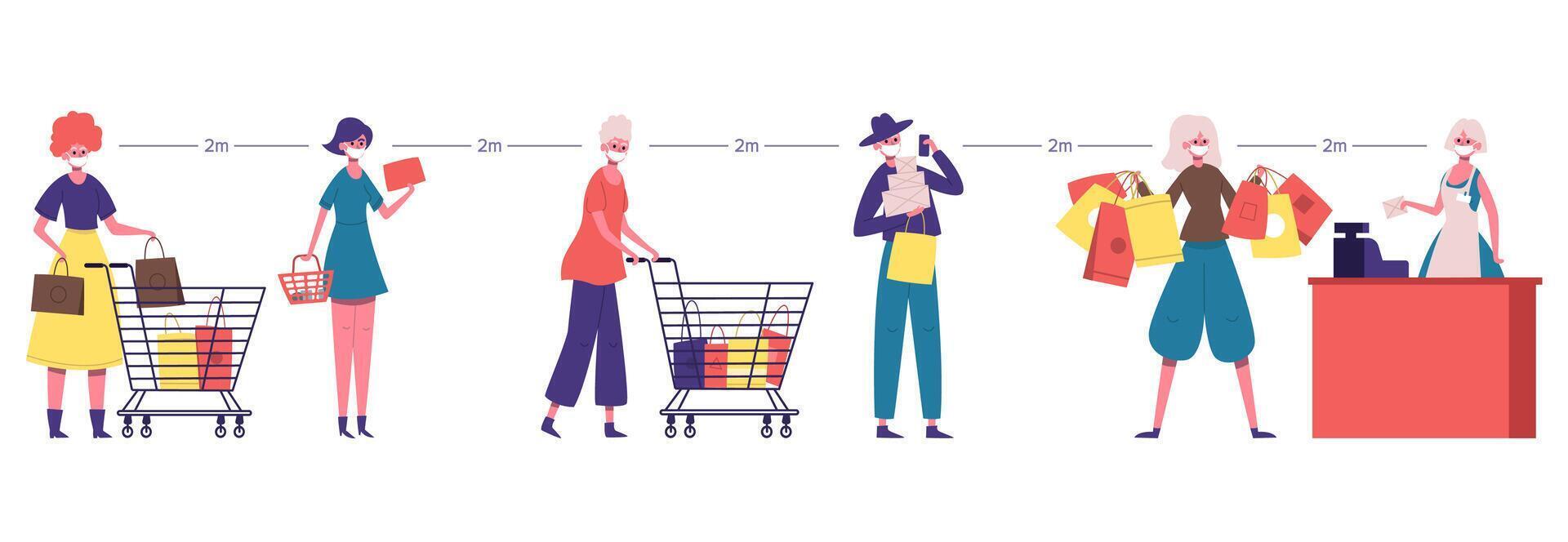 Supermarket line. Social distancing people queue, safe distance at grocery store. Man and woman ...