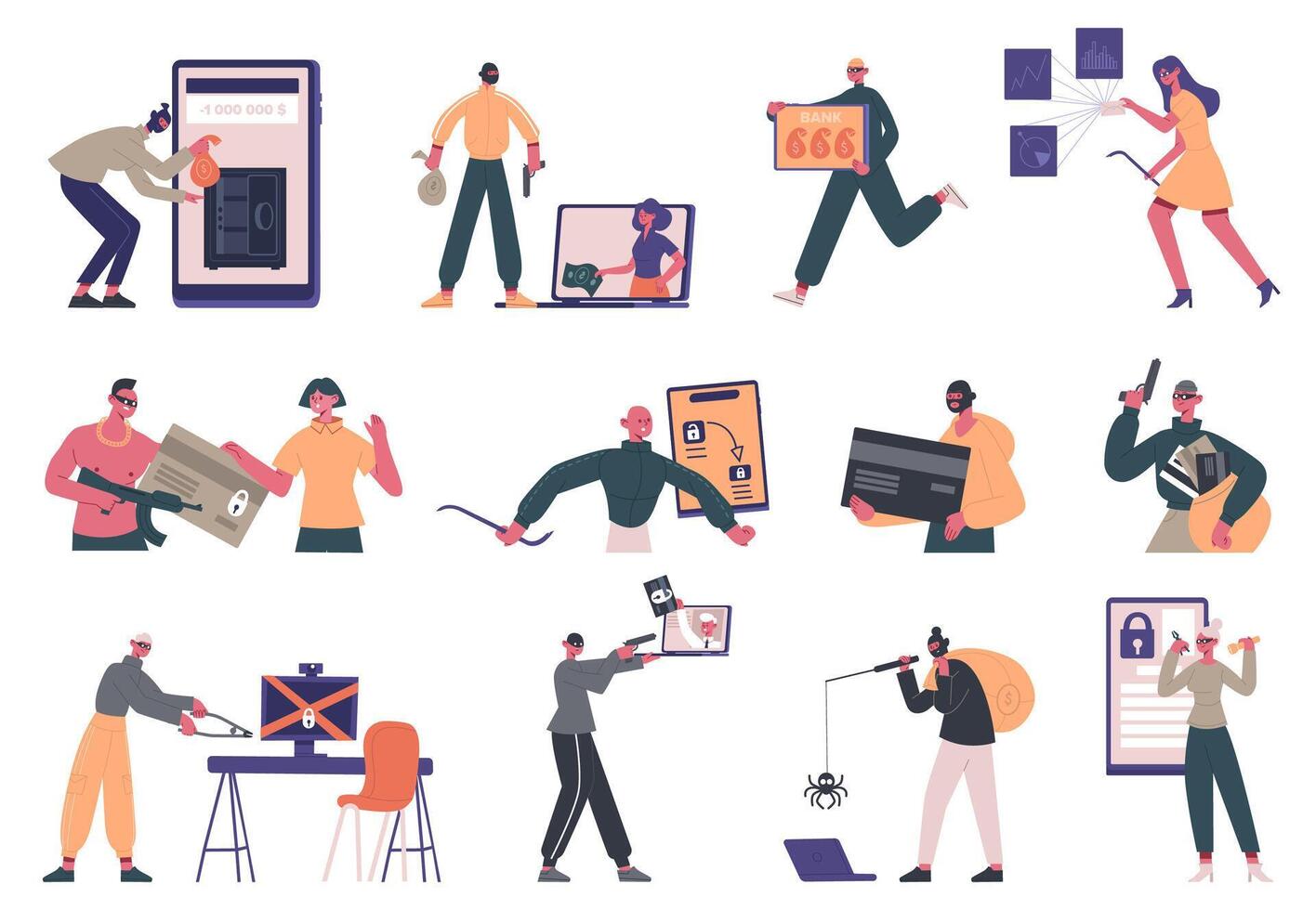 Cyber criminals. Hacker criminal characters, data stealing, internet ...