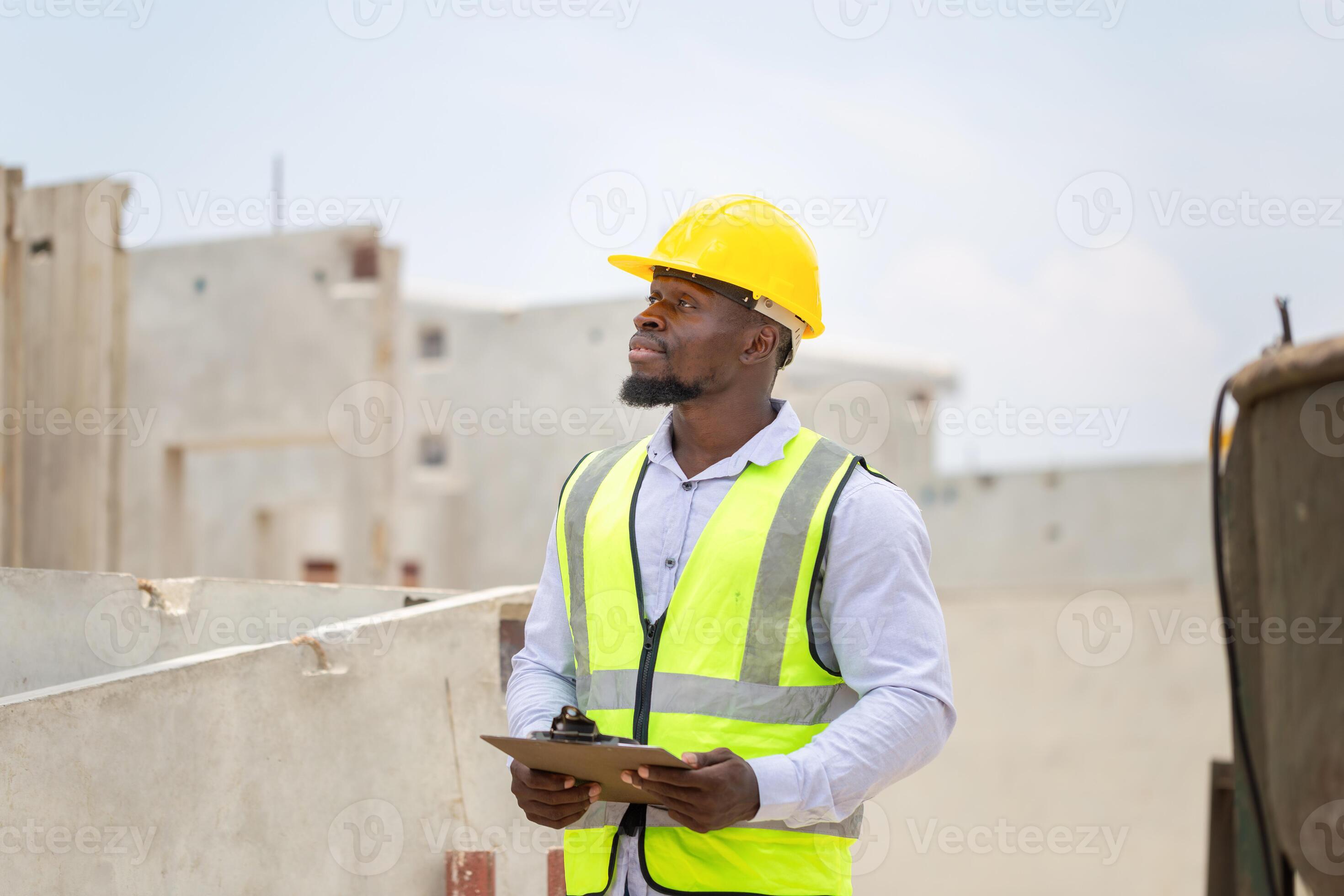 Engineer Man In Hardhats On Construction Site Foreman Checking Project At The Precast Concrete