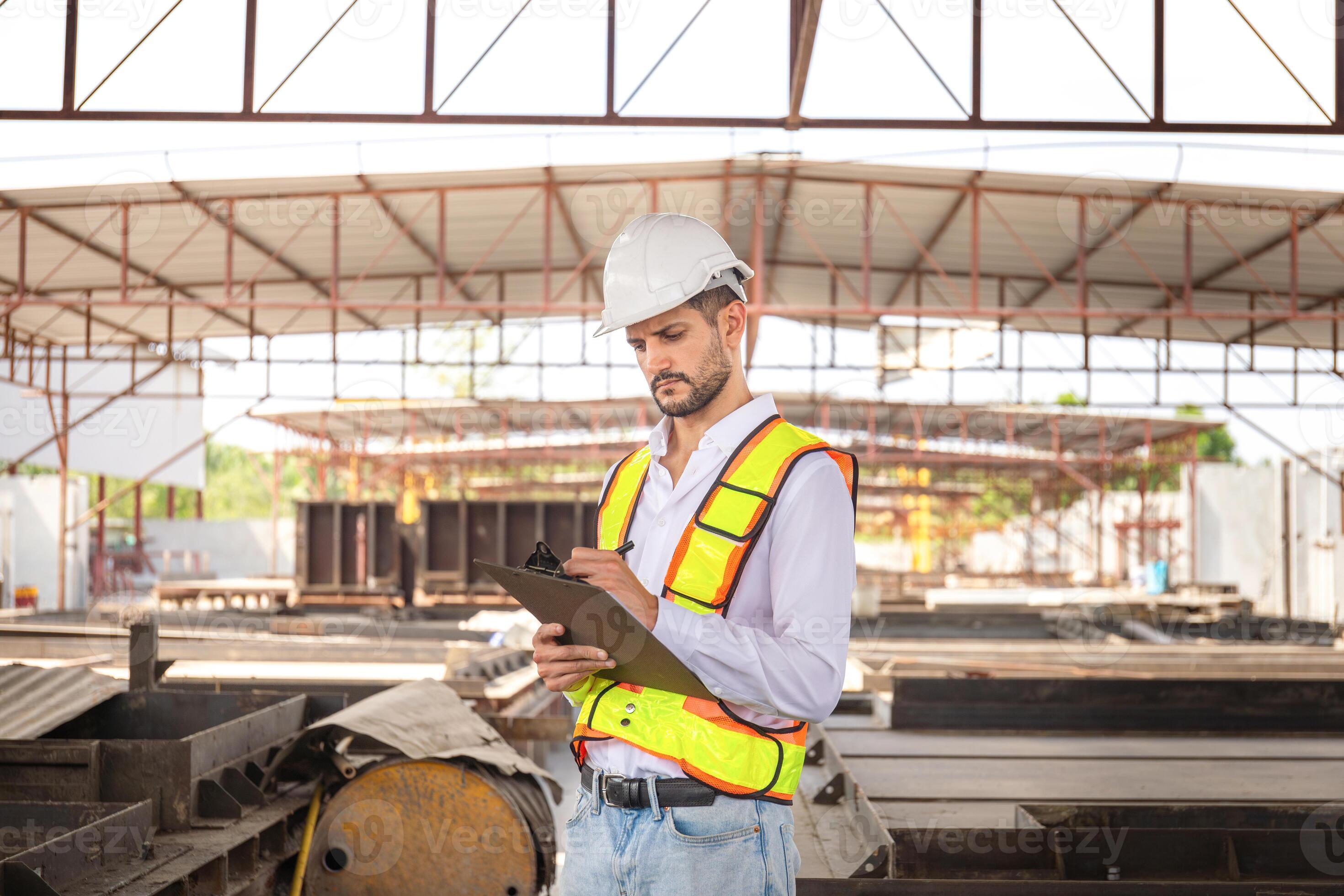 Engineer Man Checking Project At The Precast Factory Site Foreman Worker In Hardhat On
