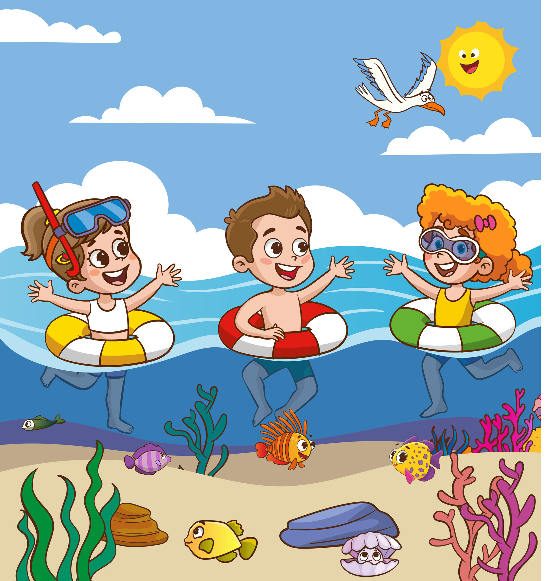 cute kids having fun in swimming pool at summer camp. Children having ...