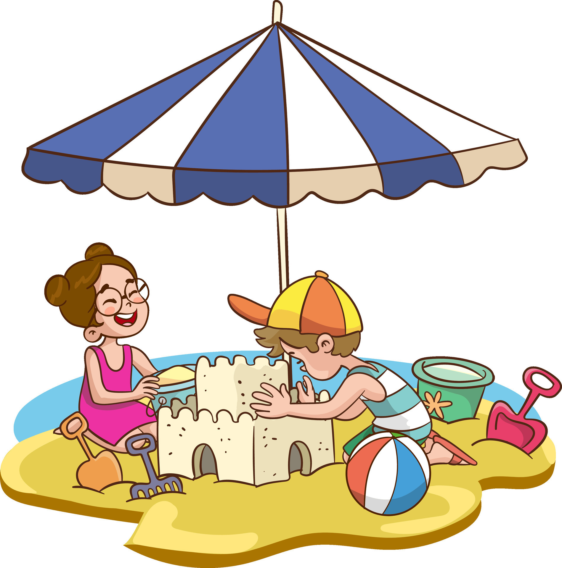 cute children build a sand castle. Kids play on the beach near the sea ...