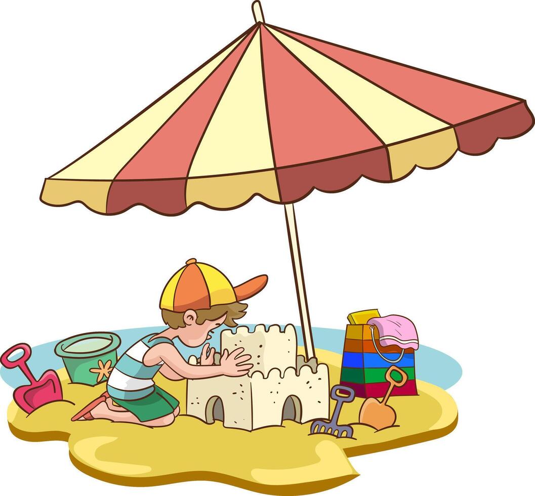 cute children build a sand castle. Kids play on the beach near the sea ...