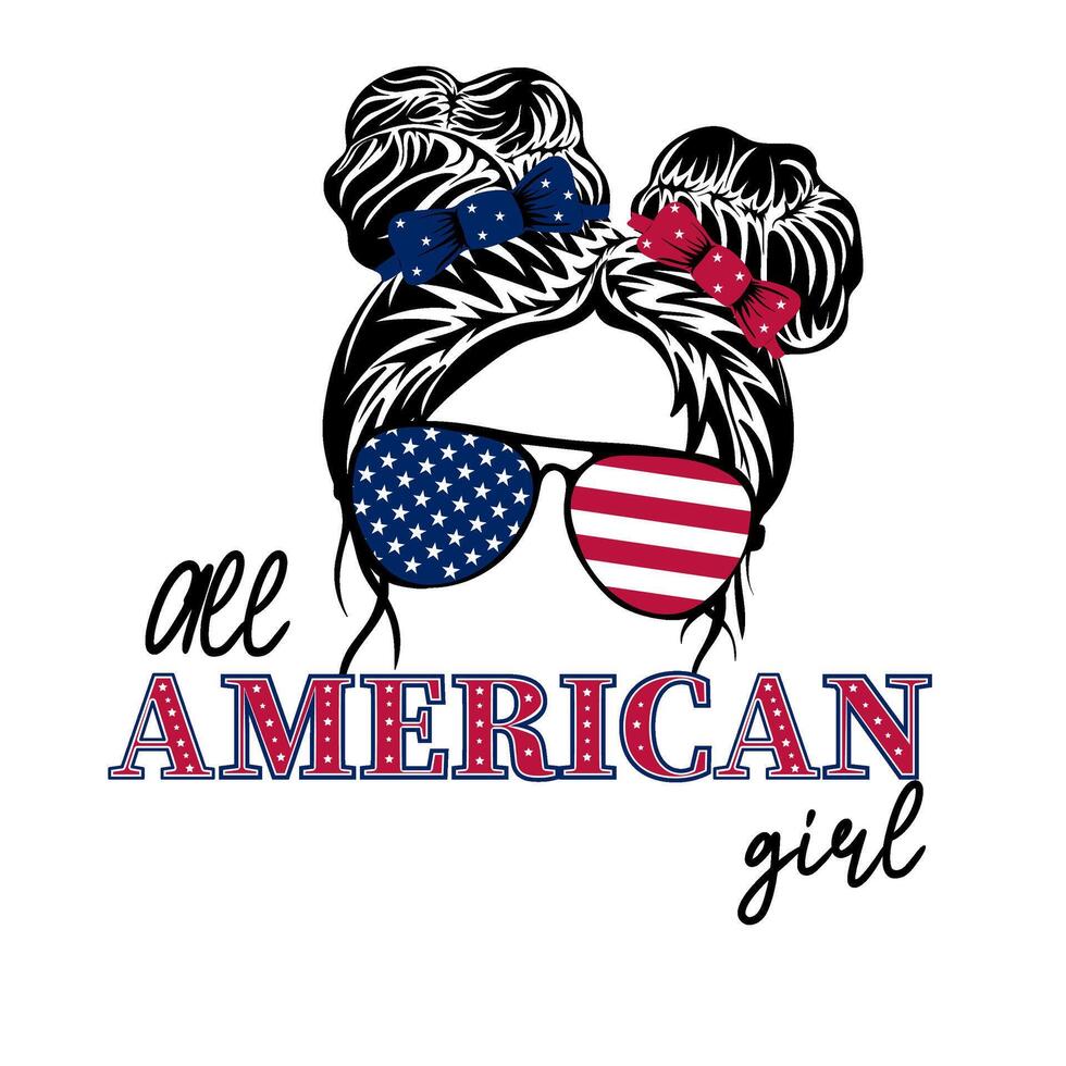 All American Girl 4th Of July Messy Bun Girl American Us Independence Day 46427880 Vector Art 1040