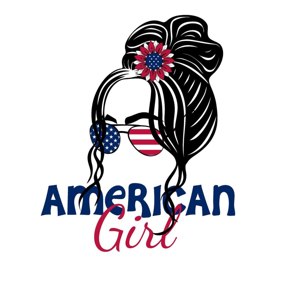 All American Girl 4th Of July Messy Bun Girl American Us Independence Day 46427937 Vector Art 1775