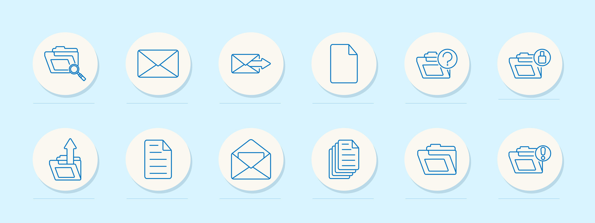 Mail set icon. Folder, envelope, query, inbox, outbox, document, sent ...