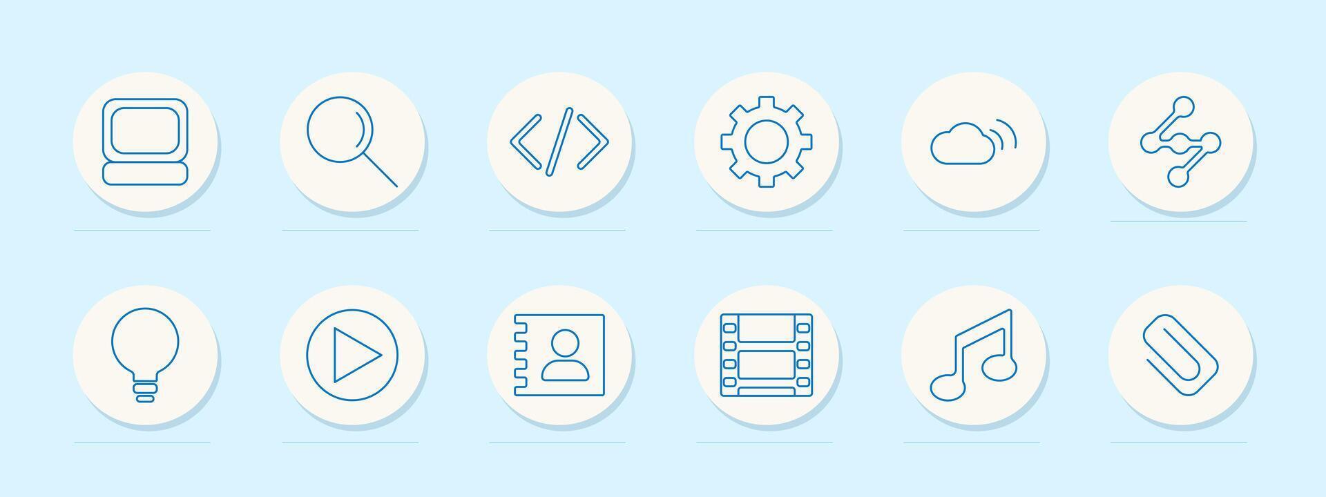 Multimedia set icon. Computer, magnifying glass, code, and music note ...