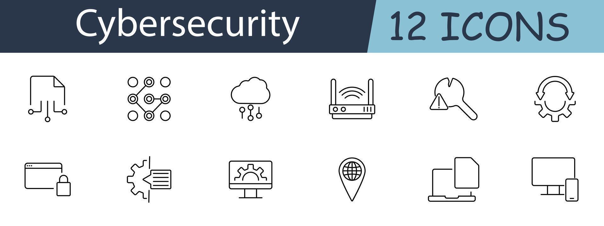 Cybersecurity set icon. Document, network, cloud, router, wrench, gear ...