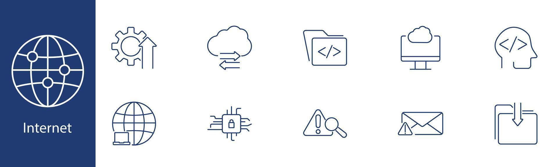 Internet set icon. Globe, gear, cloud, folder, monitor, code, email ...