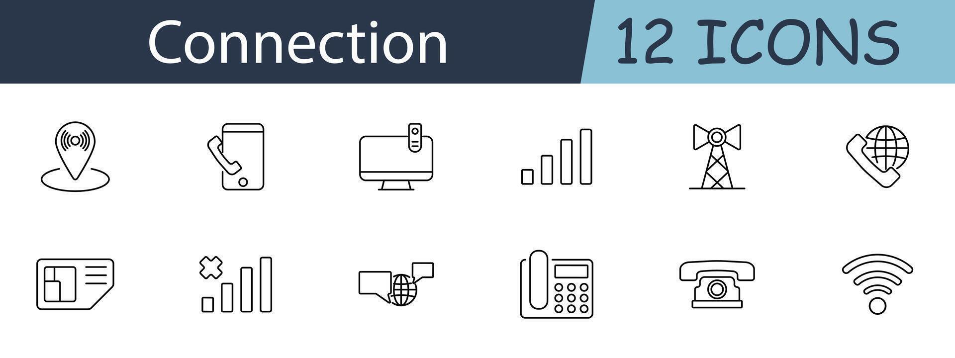 Connection set icon. Location pin, phone, computer, signal strength ...