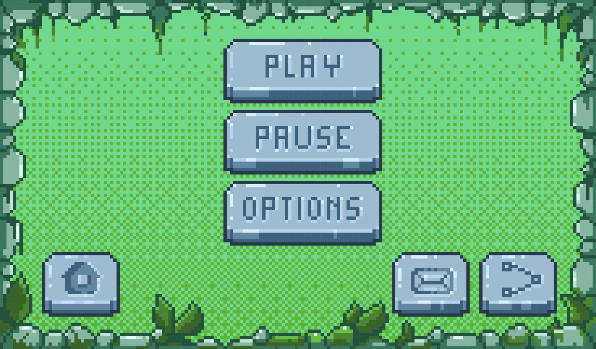 Pixel game menu. Retro game buttons, 8 bit game asset, UI interface elements for mobile and web ...