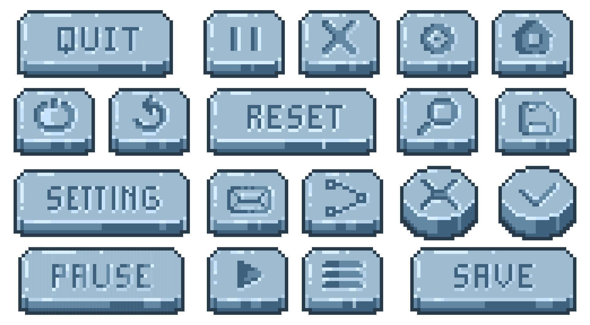 Stone pixel buttons. Old school game interface elements, 8 bit retro app navigation panel ...