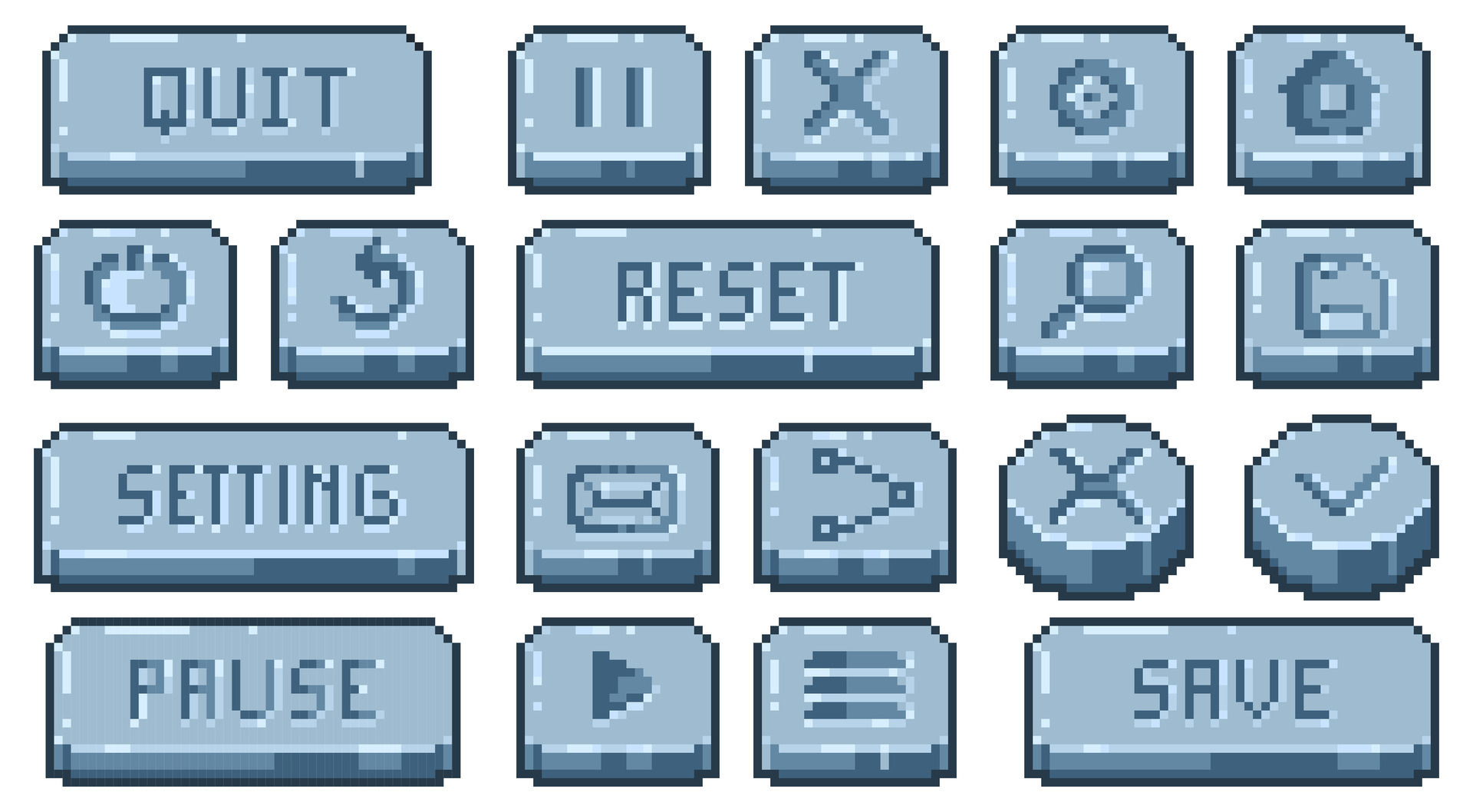Stone pixel buttons. Old school game interface elements, 8 bit retro app navigation panel ...