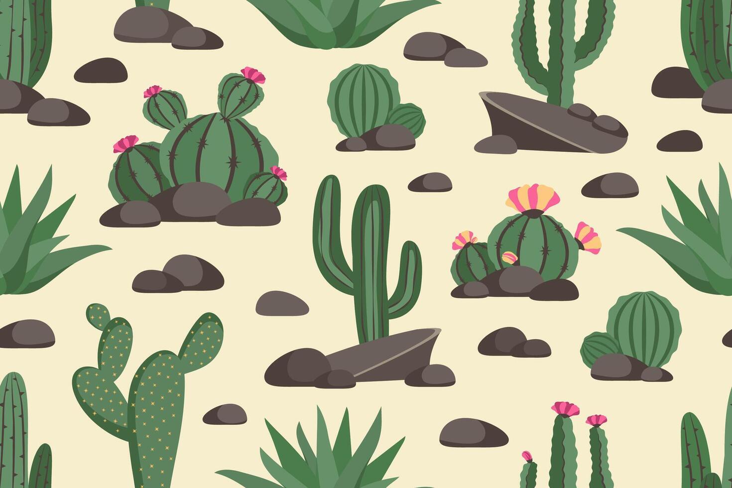 Cactus seamless pattern. Exotic Desert plant with long needles, spines, pink flowers. Wilderness ...