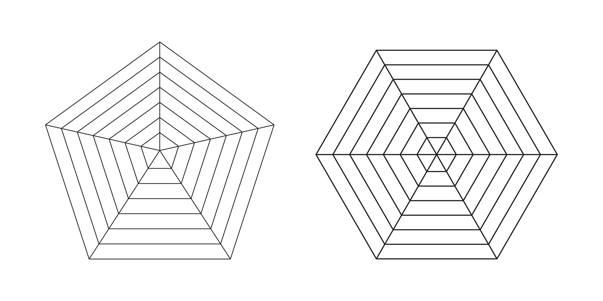 Pentagon and hexagon radar, spider diagram template. Spider mesh ...