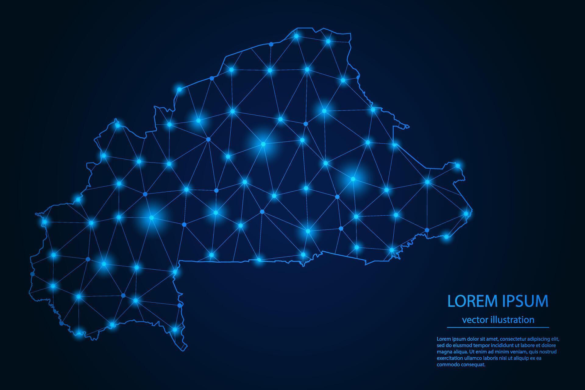 Abstract image Burkina Faso map - With Blue Glow Dots And Lines On Dark Gradient Background, 3D ...