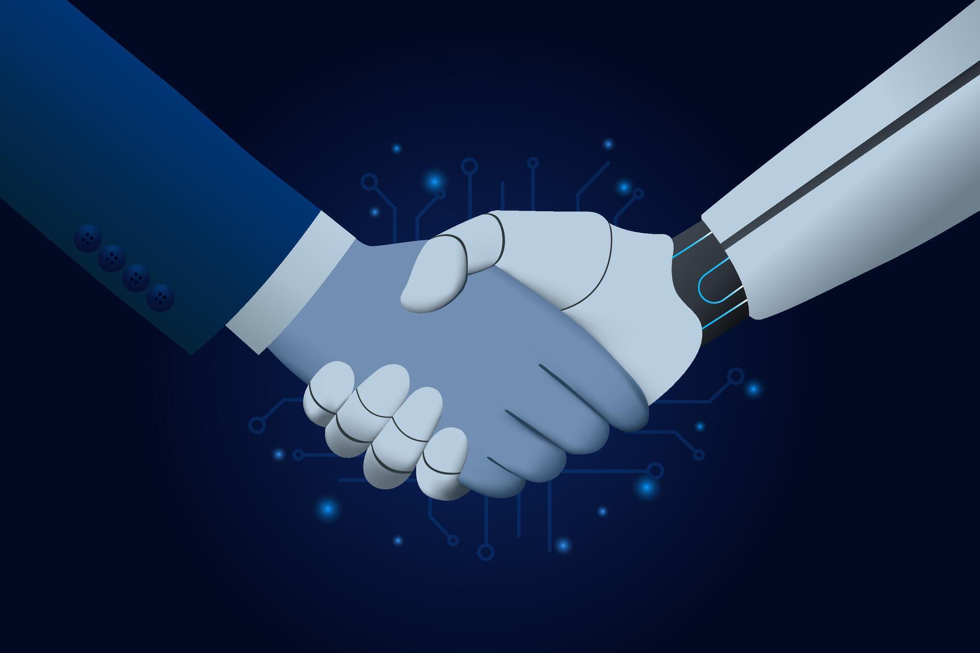 Handshake with a robot. Handshake human and android. Collaboration between human and artificial ...