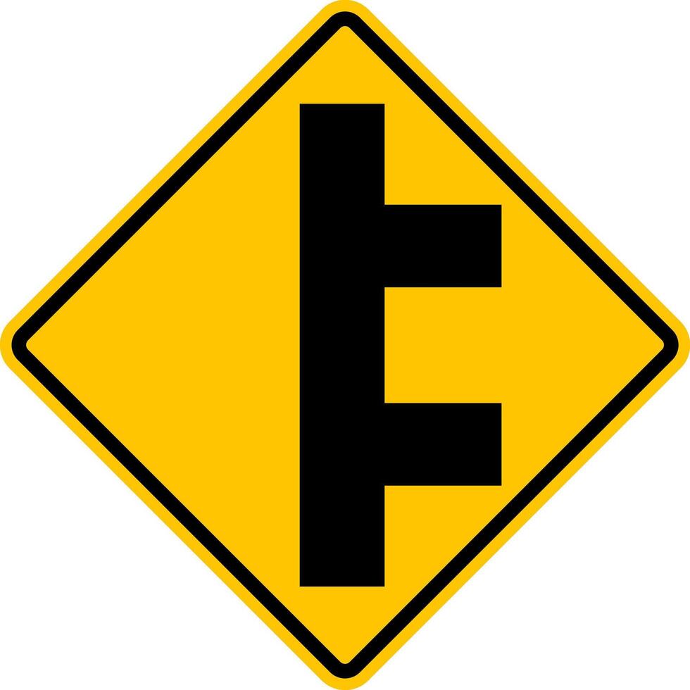 Unregulated intersection with an adjacent road. From right side. Sign for merging road on right ...