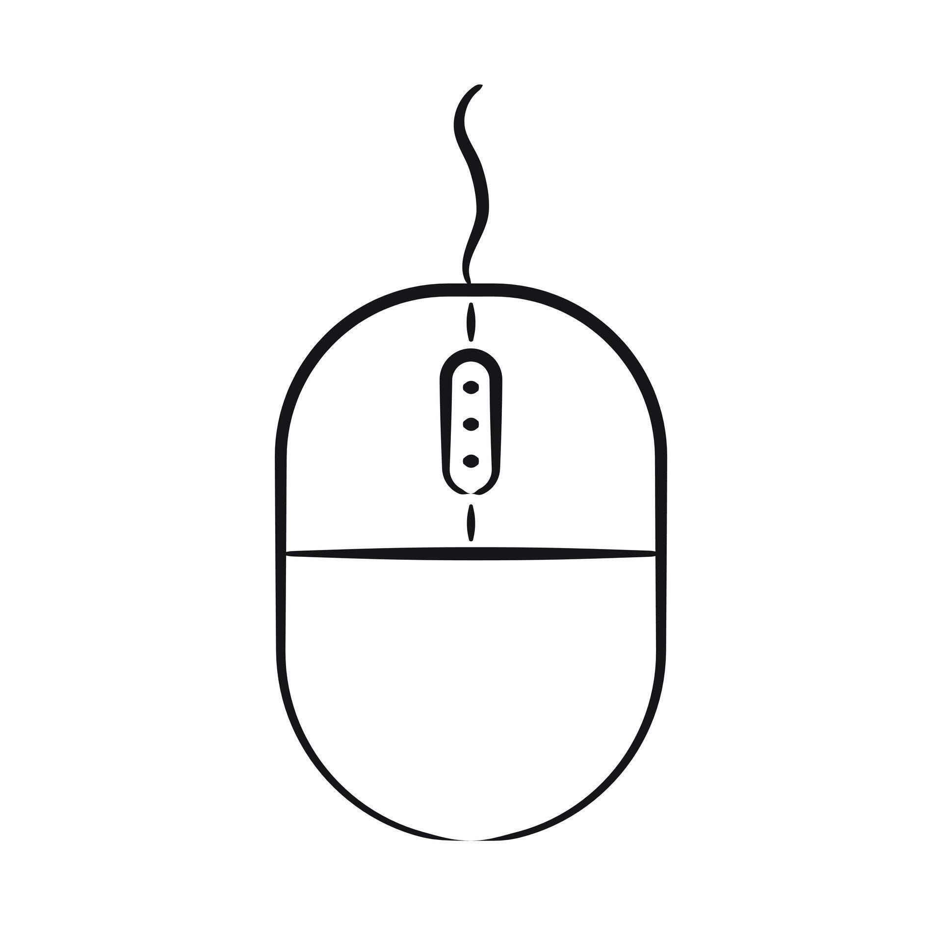 Sketch Computer Mouse with wheel drawn by hand with pencil. Wired Device for cursor control ...