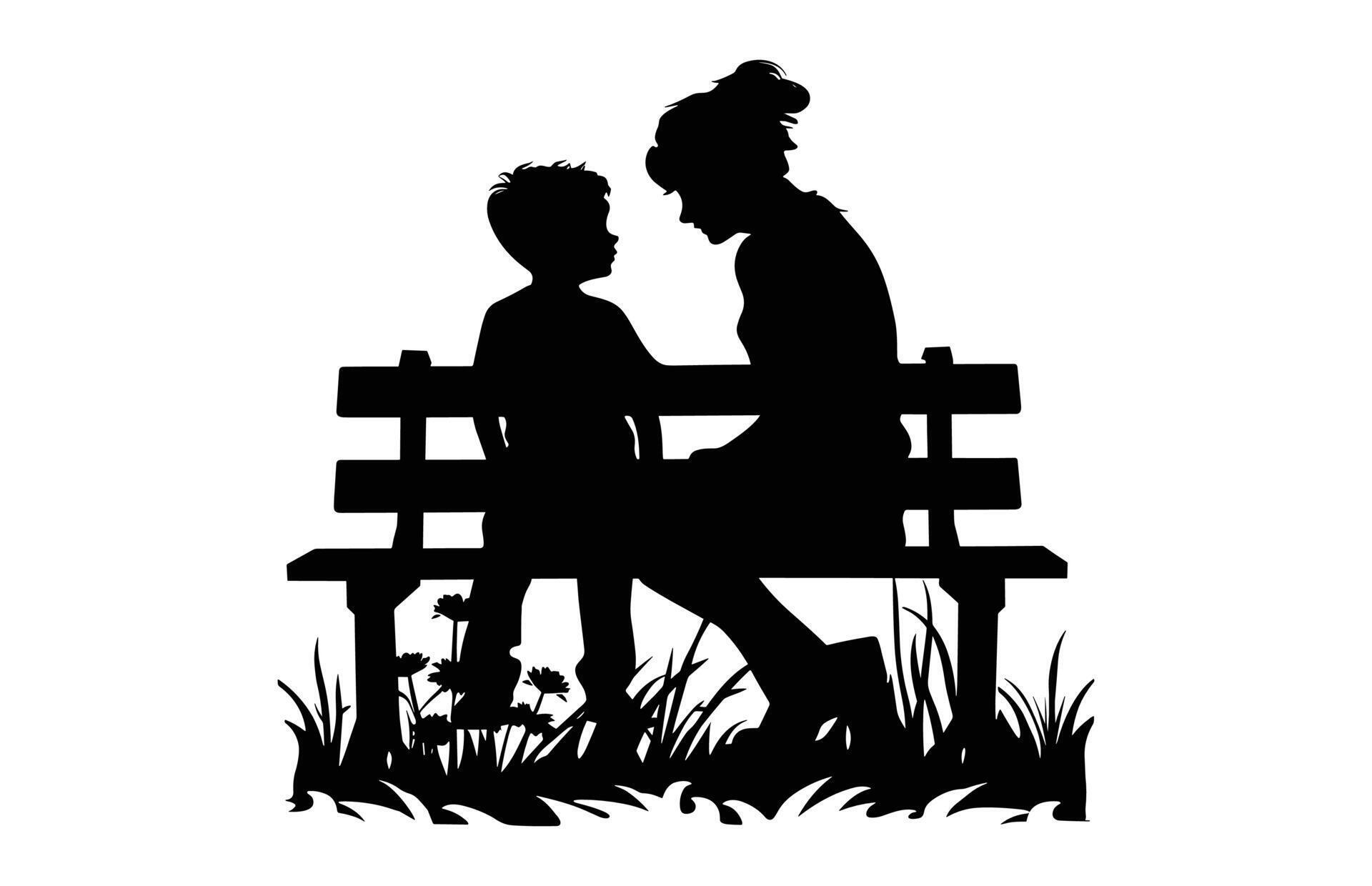 Mother Son Sitting on Park Bench Silhouette black Clipart 46458459 Vector Art at Vecteezy
