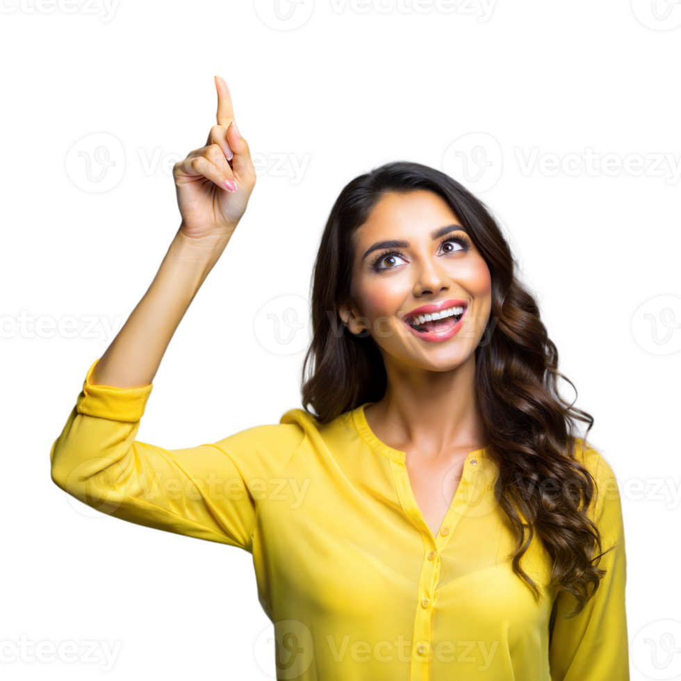 Cheerful woman pointing up on a transparent background 46458708 PNG