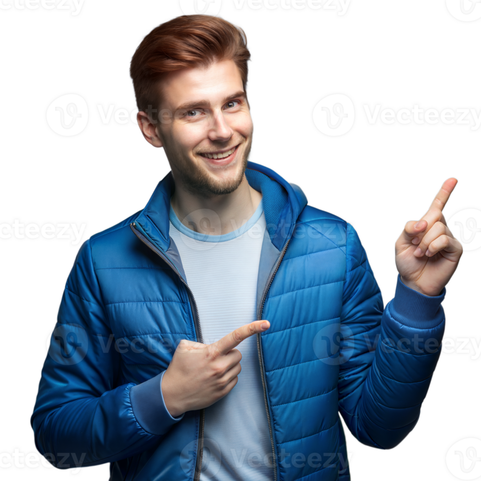 Smiling man pointing sideways in blue jacket on transparent background ...