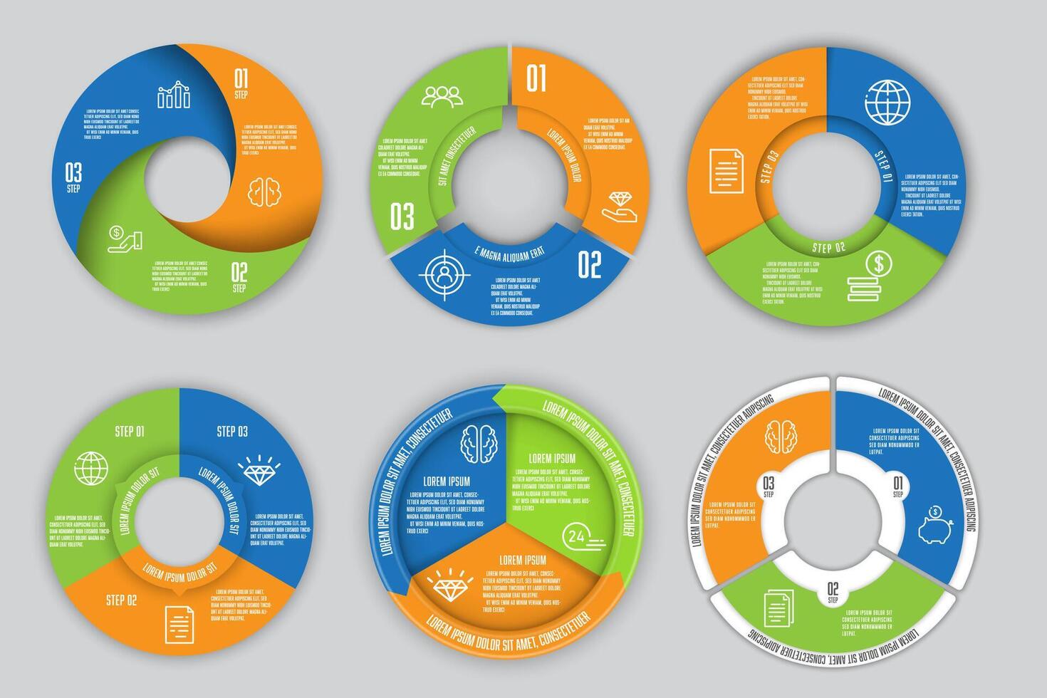Round pie chart divided into 3 colorful parts. Concept startup ...