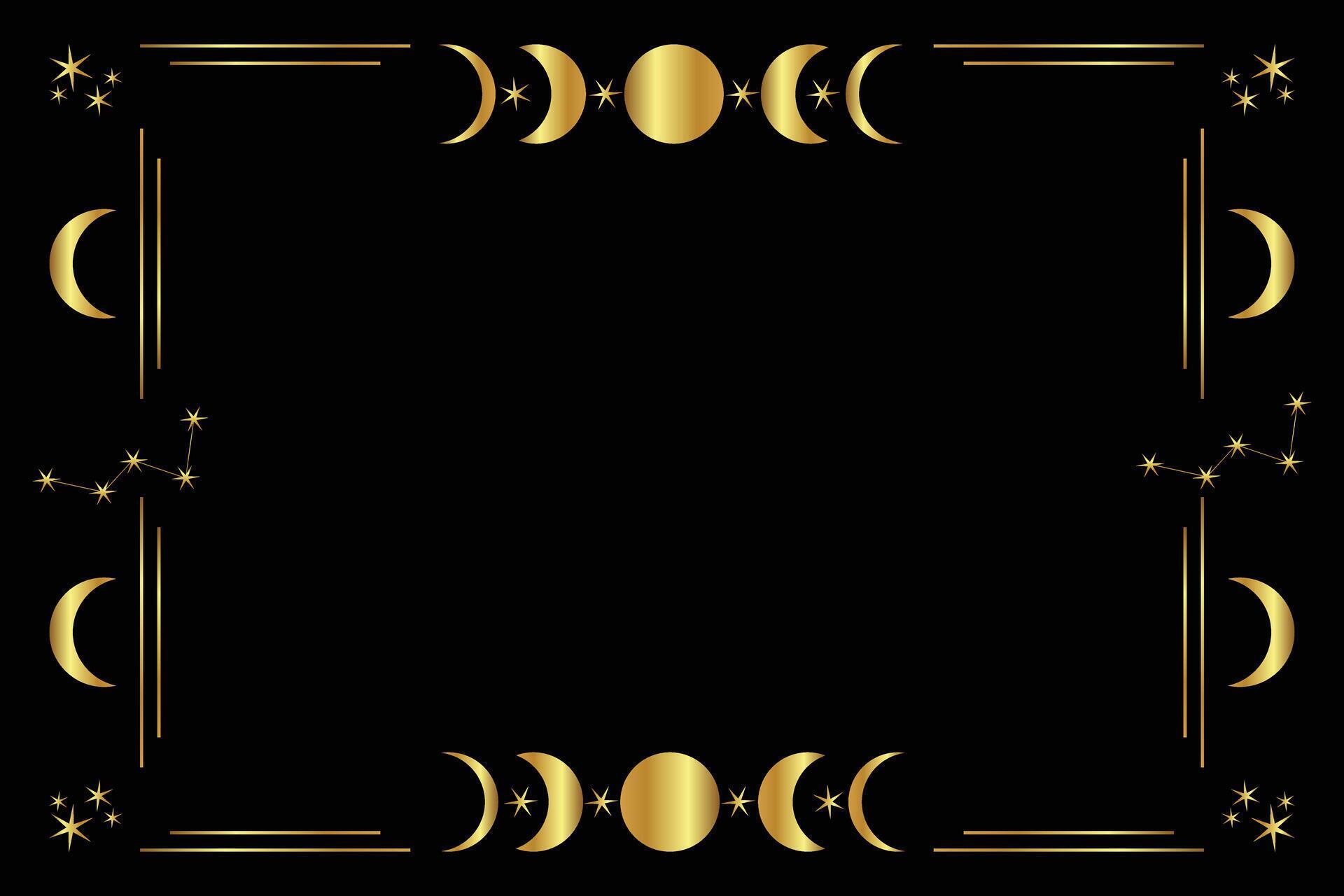 Celestial constellations border with golden frame with stars, moon phases, crescents, and copy ...