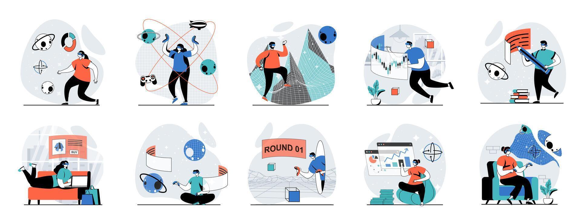 Metaverse web concept with people scenes mega set in flat design ...