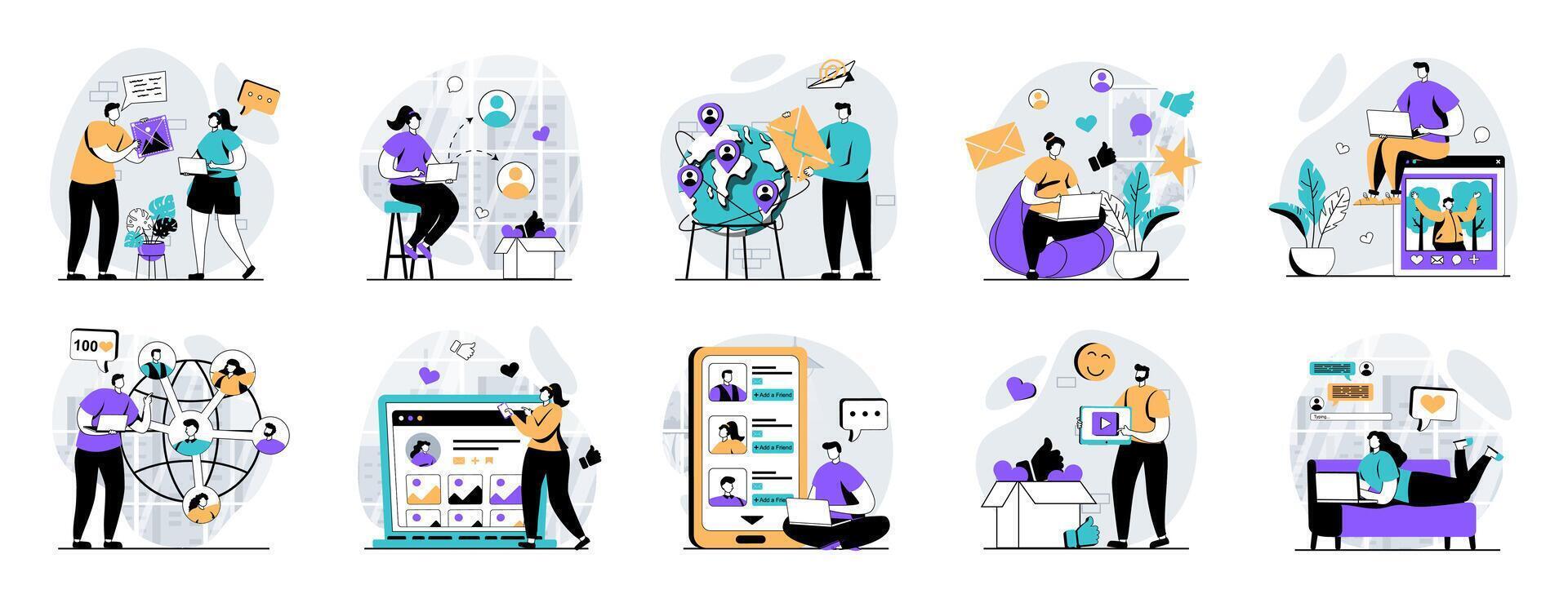 Social network web concept with people scenes mega set in flat design. Bundle of character ...