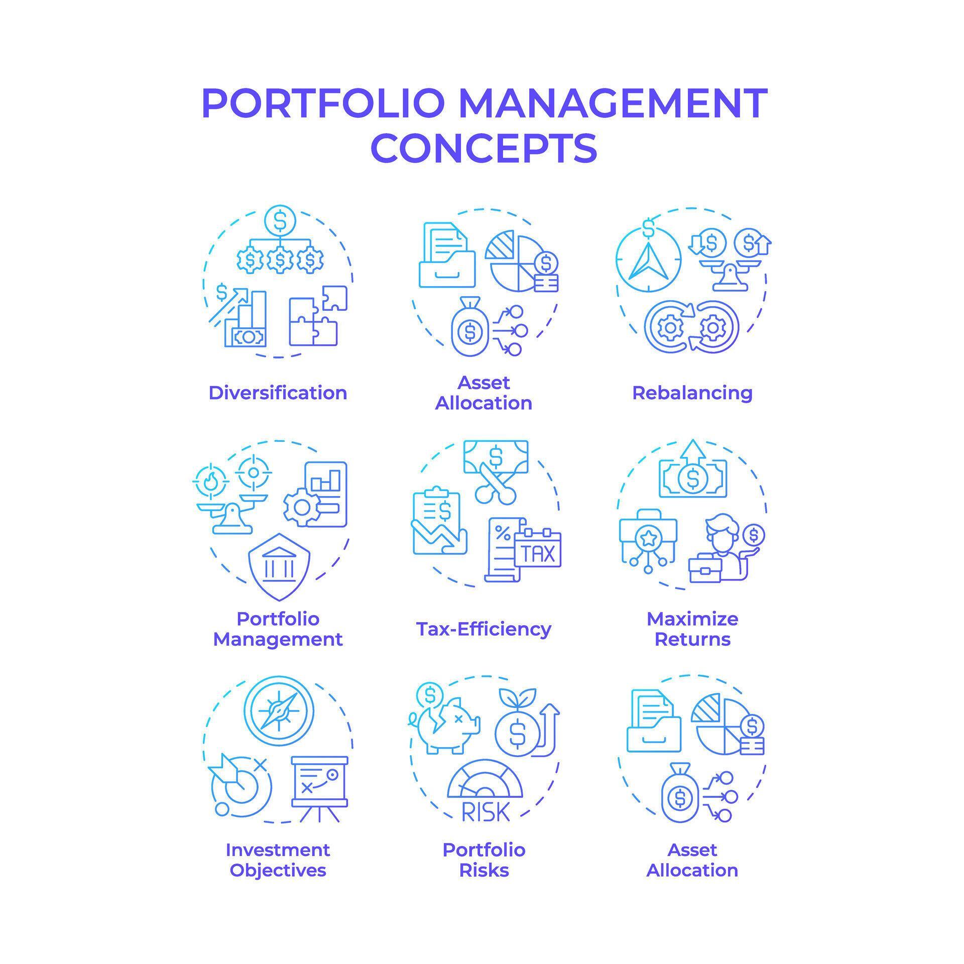 Portfolio management blue gradient concept icons. Investment allocation, interest payment. Icon ...