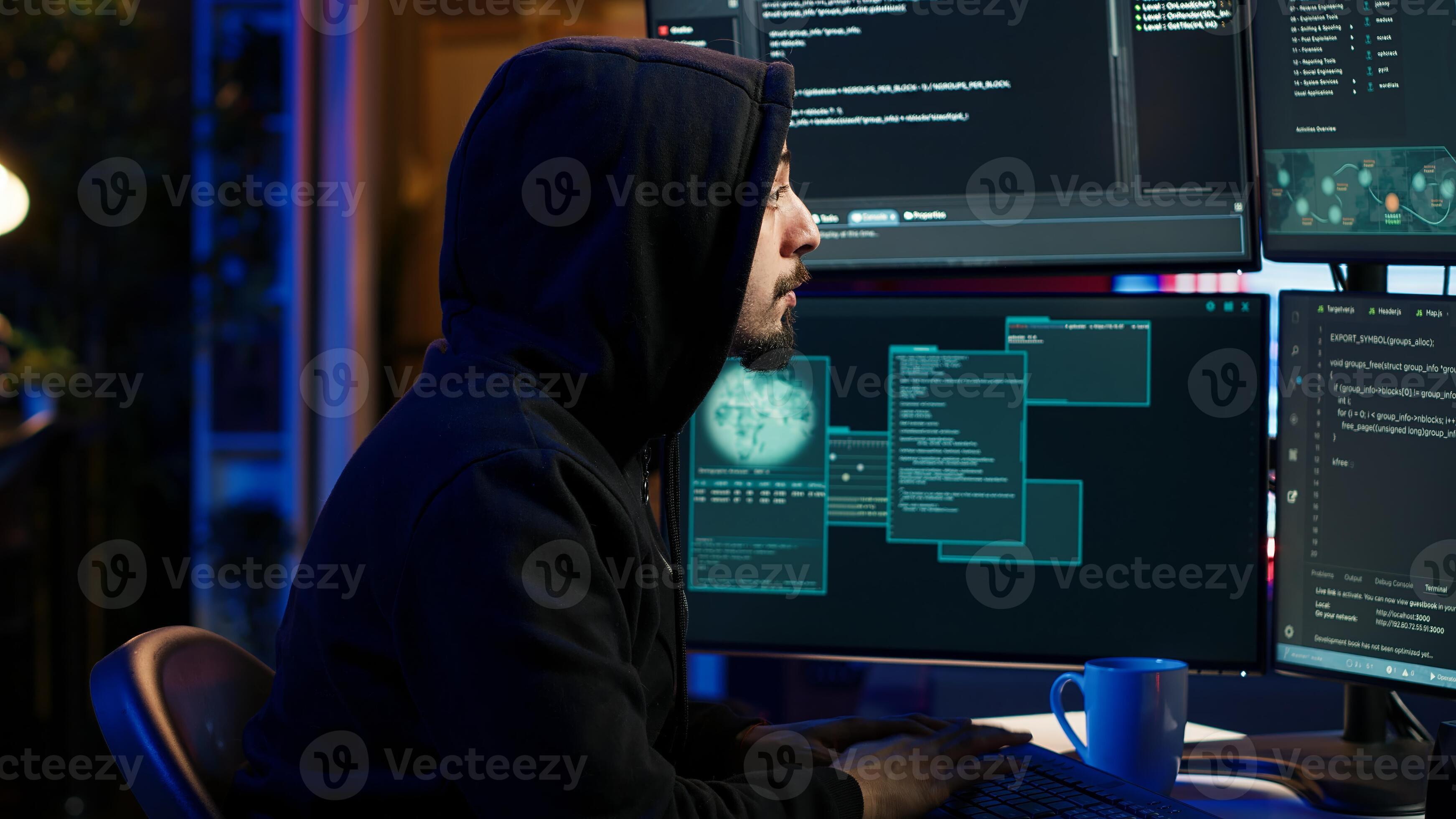 Hacker Using Pc To Steal Data Targeting Unpatched Security Systems Using Malware Scammer Using