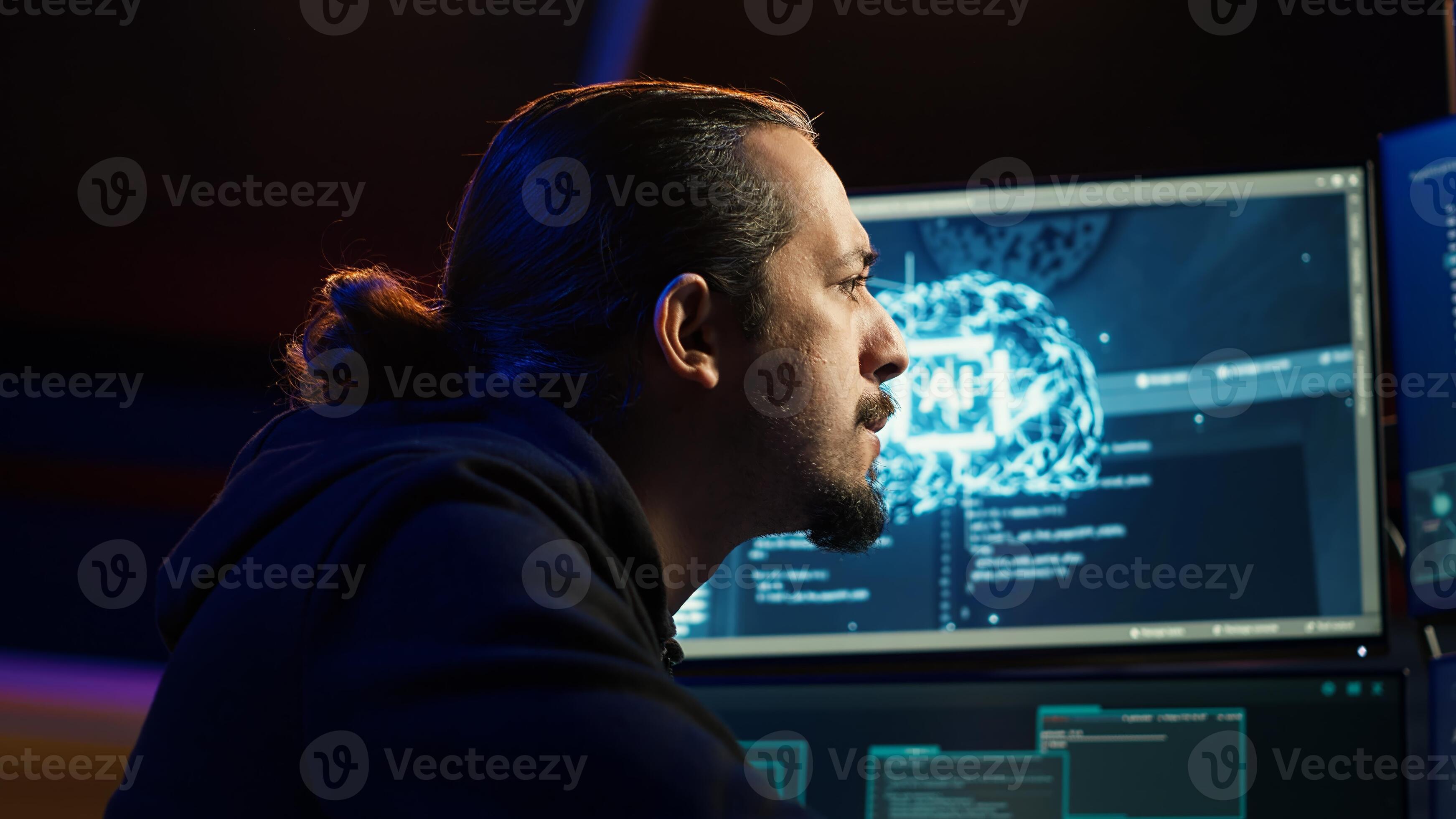 Hacker Using Ai Machine Learning To Find Unpatched Connections And Steal Data Close Up Shot Of