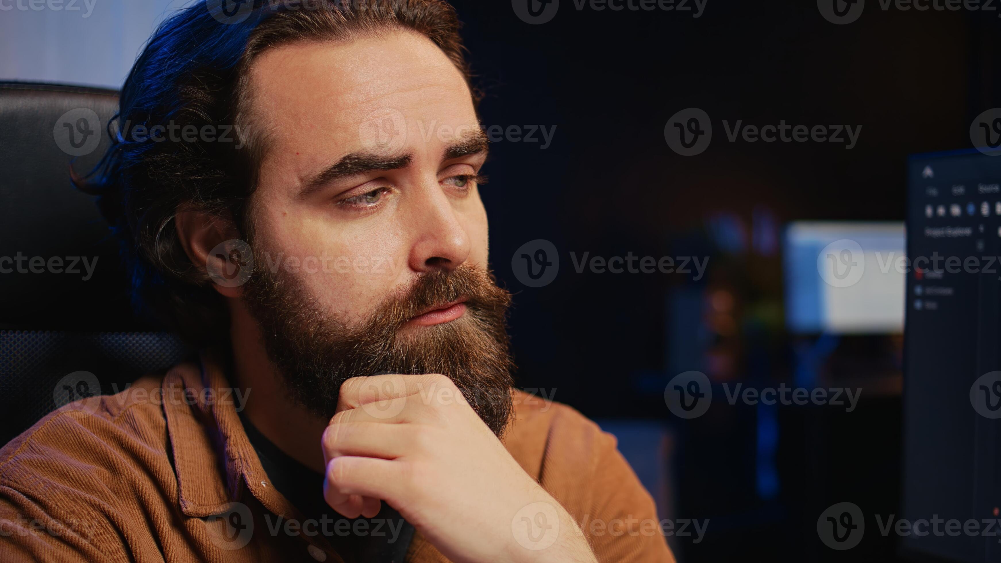 Software Technician Puzzled In Front Of Computer Screen While Writing Complex Code Thinking Of