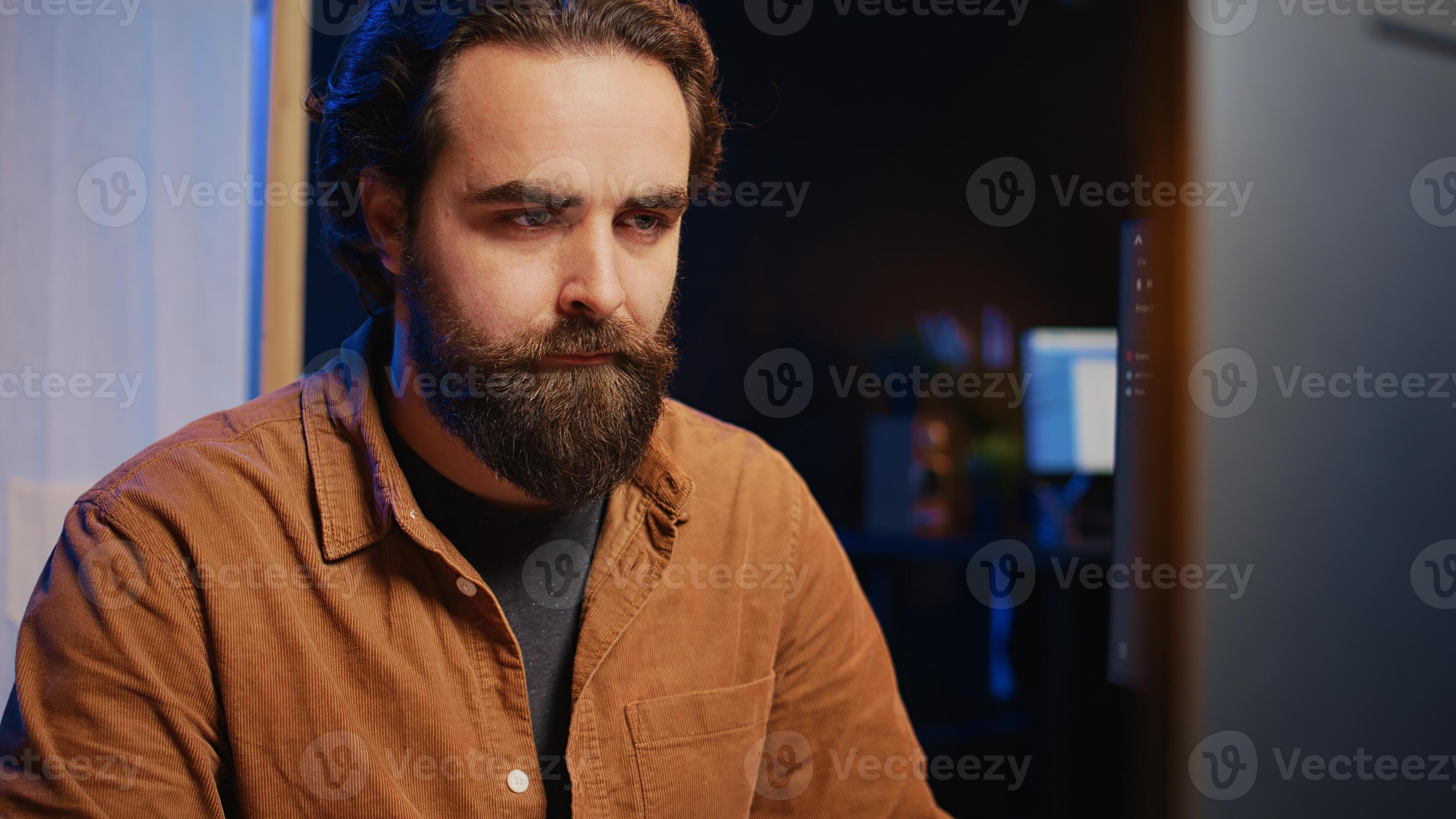 Software Technician In Apartment Office Deeply Immersed In Coding On Computer At Desk Close Up