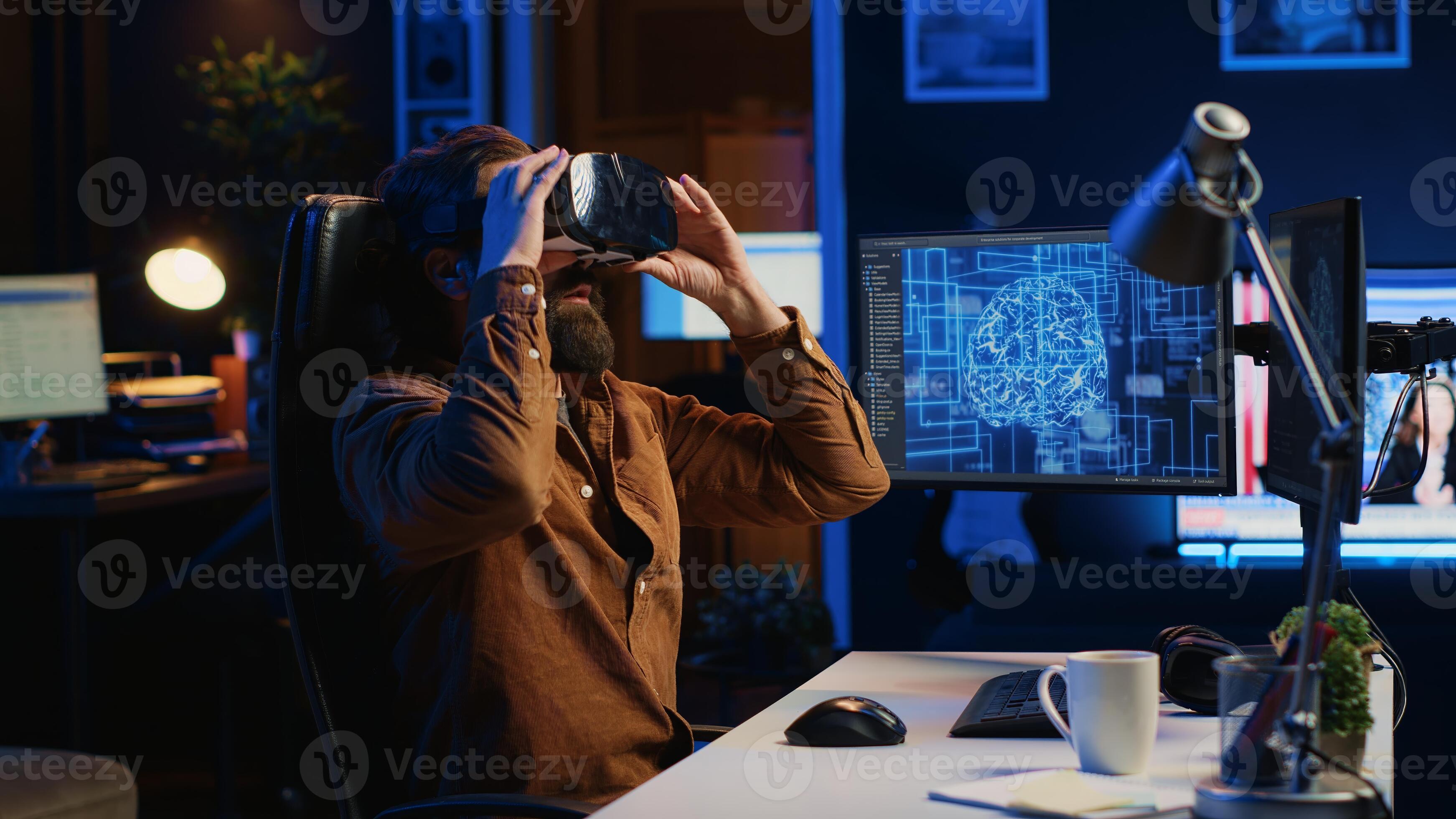 Computer scientist wearing VR glasses panicking after AI gains ...