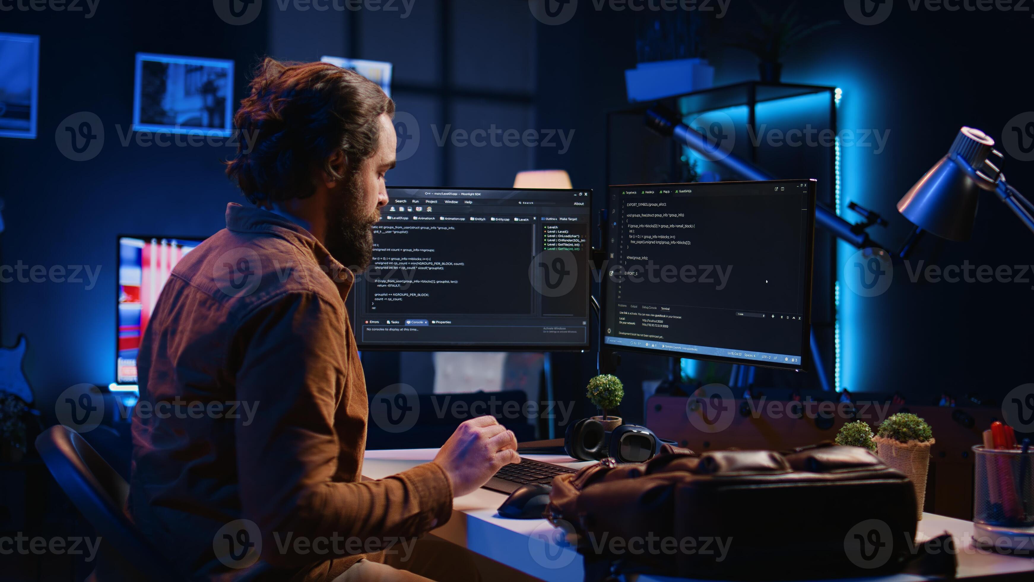 Freelancing software programmer arriving in personal office at home ...