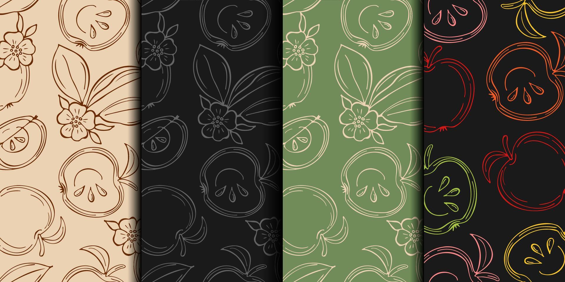 Set of simple seamless patterns with sketch apples and slice apples ...