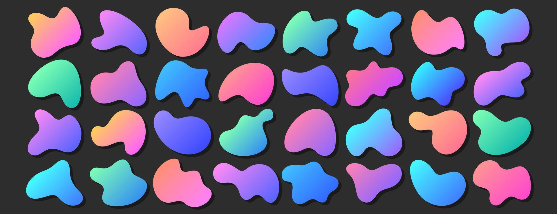 Set of holographic freeform shapes or irregular blobs. Random liquid deformed figures. Neon ...