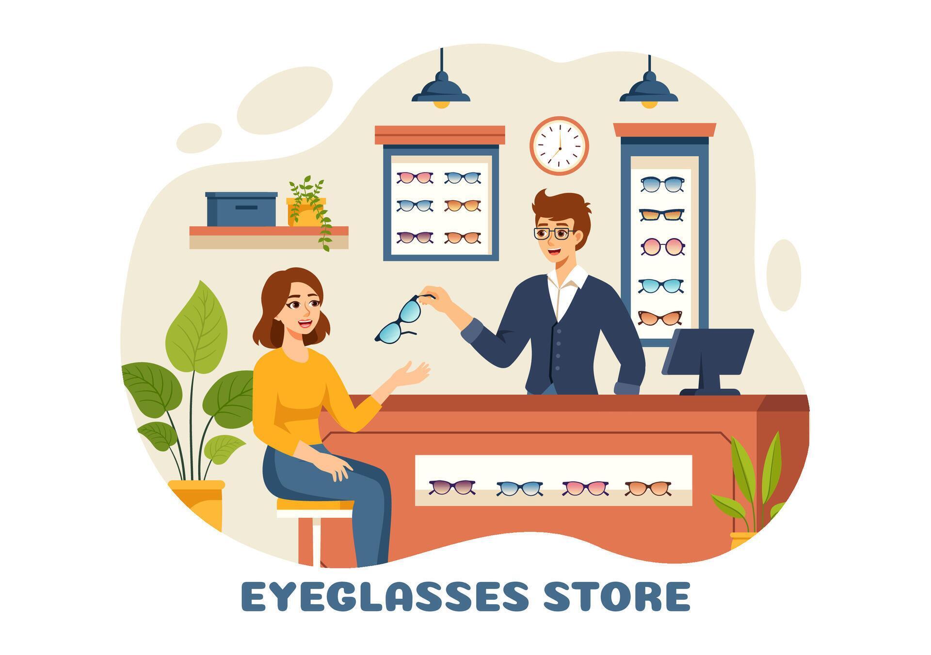 Illustration of an Eyeglasses Store or Optical Shop featuring Accessories, an Optician, Vision ...