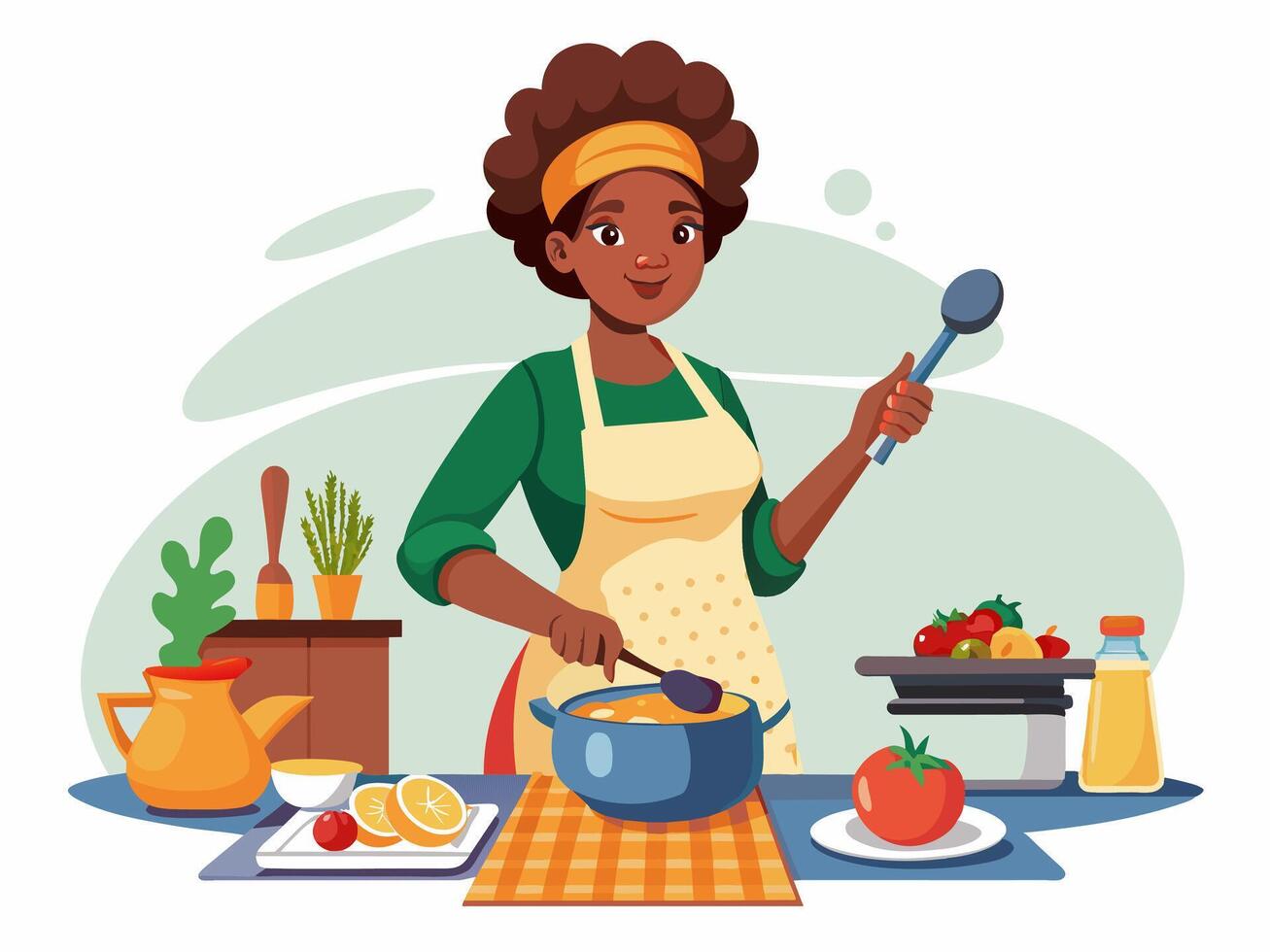 African American Woman cooking wearing an apron. Female chef preparing food. Concept of cooking ...