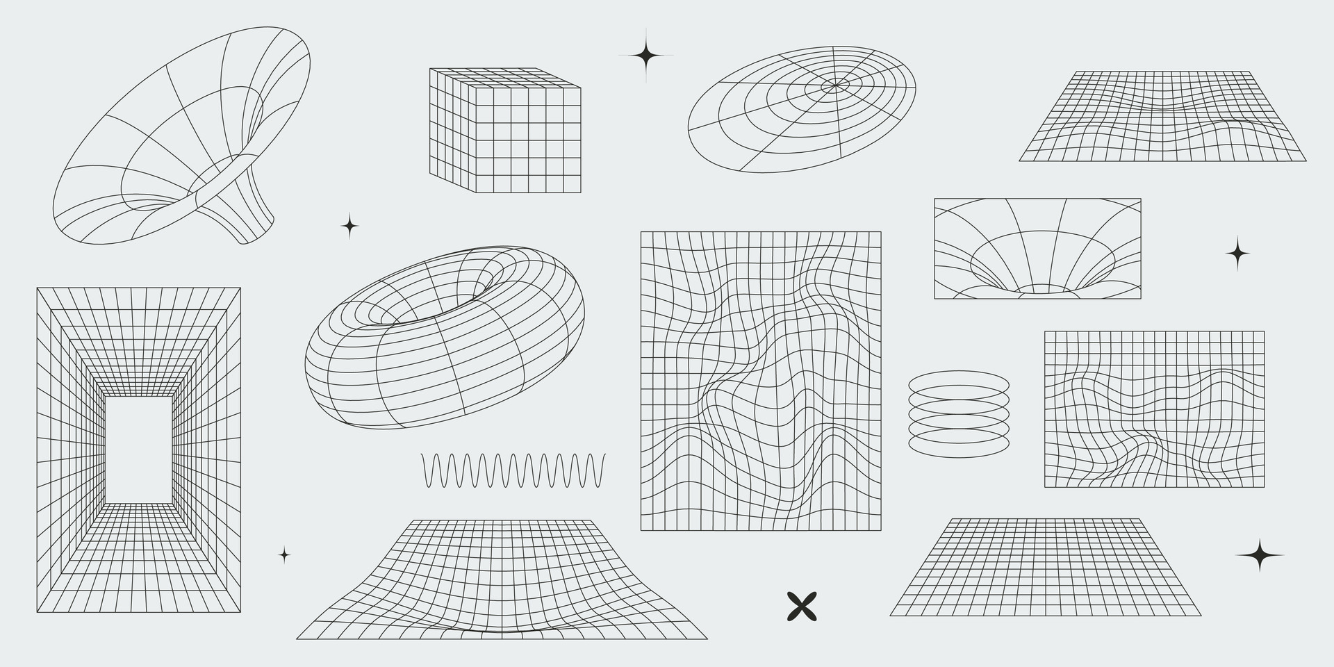 Abstract geometric wireframes and grids. Isolated editable stroke black 3D shapes. Y2k retro ...