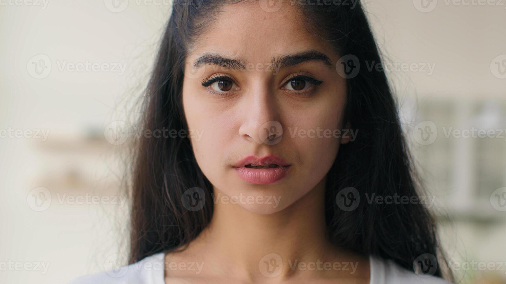 Close up head shot frustrated sad lonely Indian ethnic woman ...