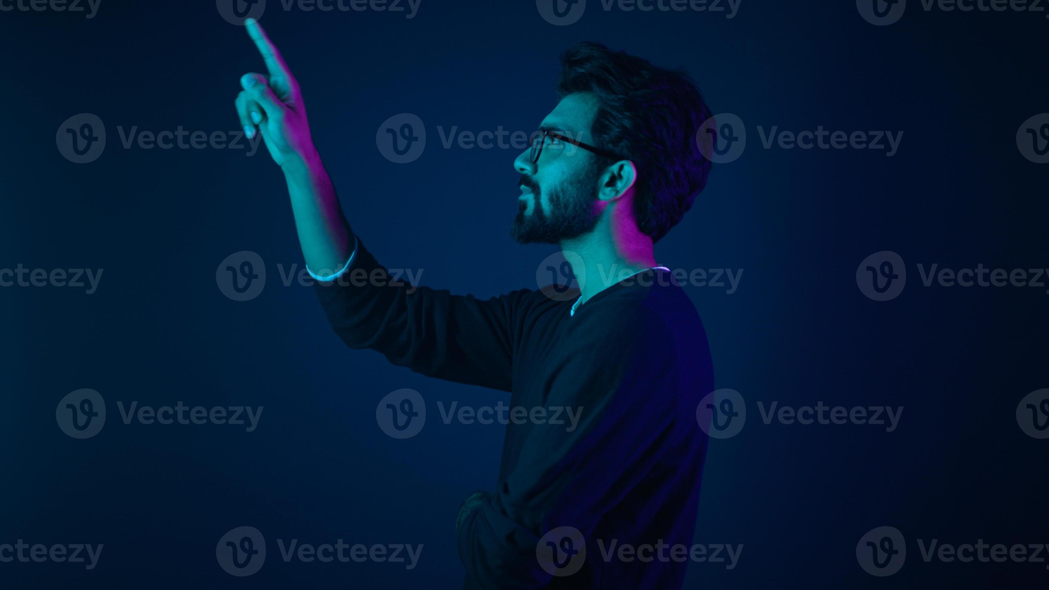 Infographic hologram editing template ultraviolet background Arabian man hi-tech internet ...