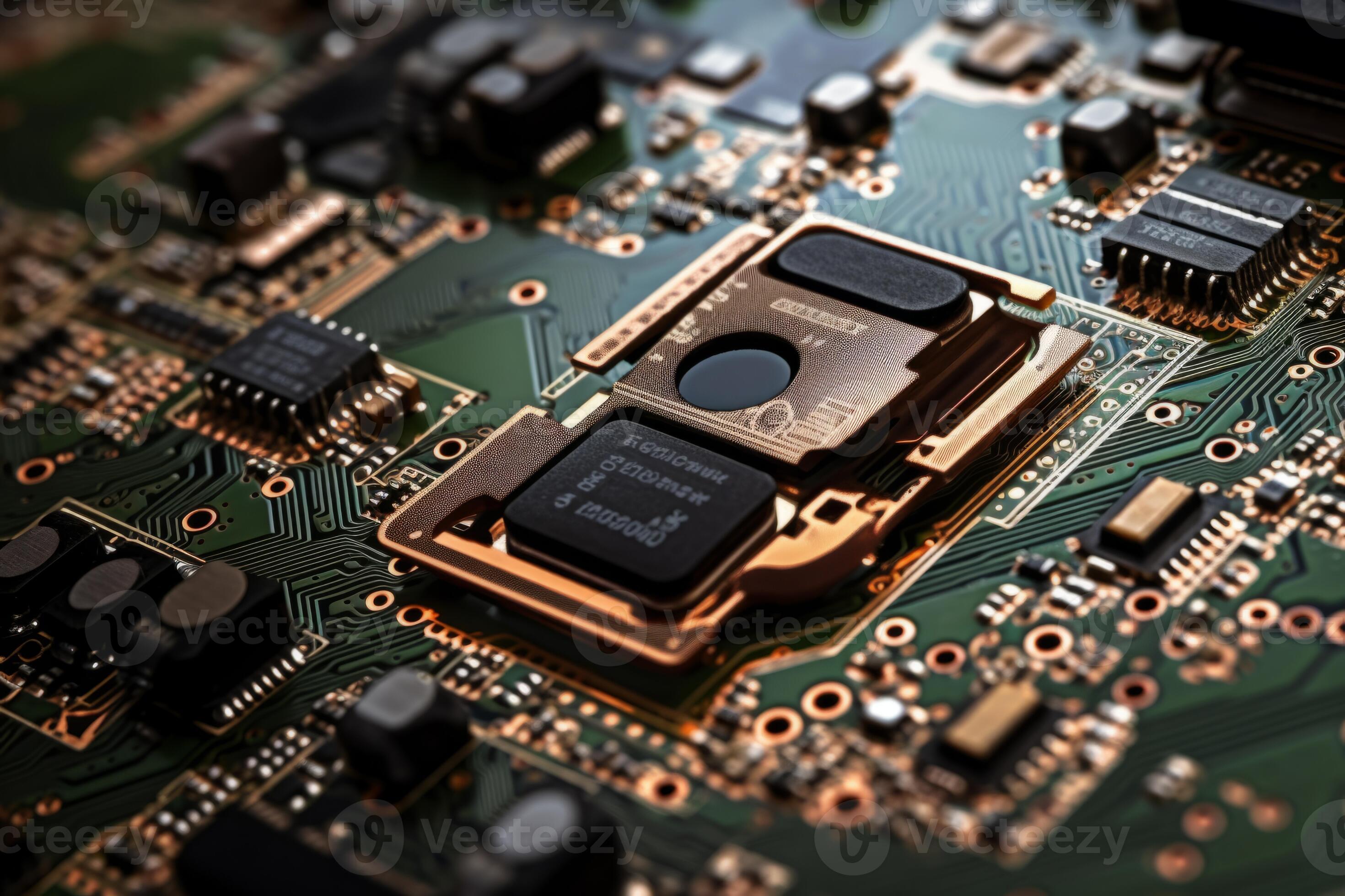 A close-up shot of motherboard components printed on a green circuit ...