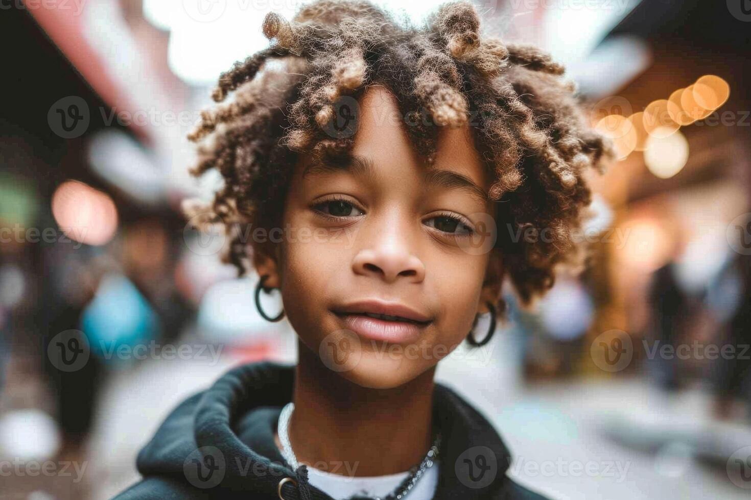 Portrait happy positive cute stylish curly-haired African American ...